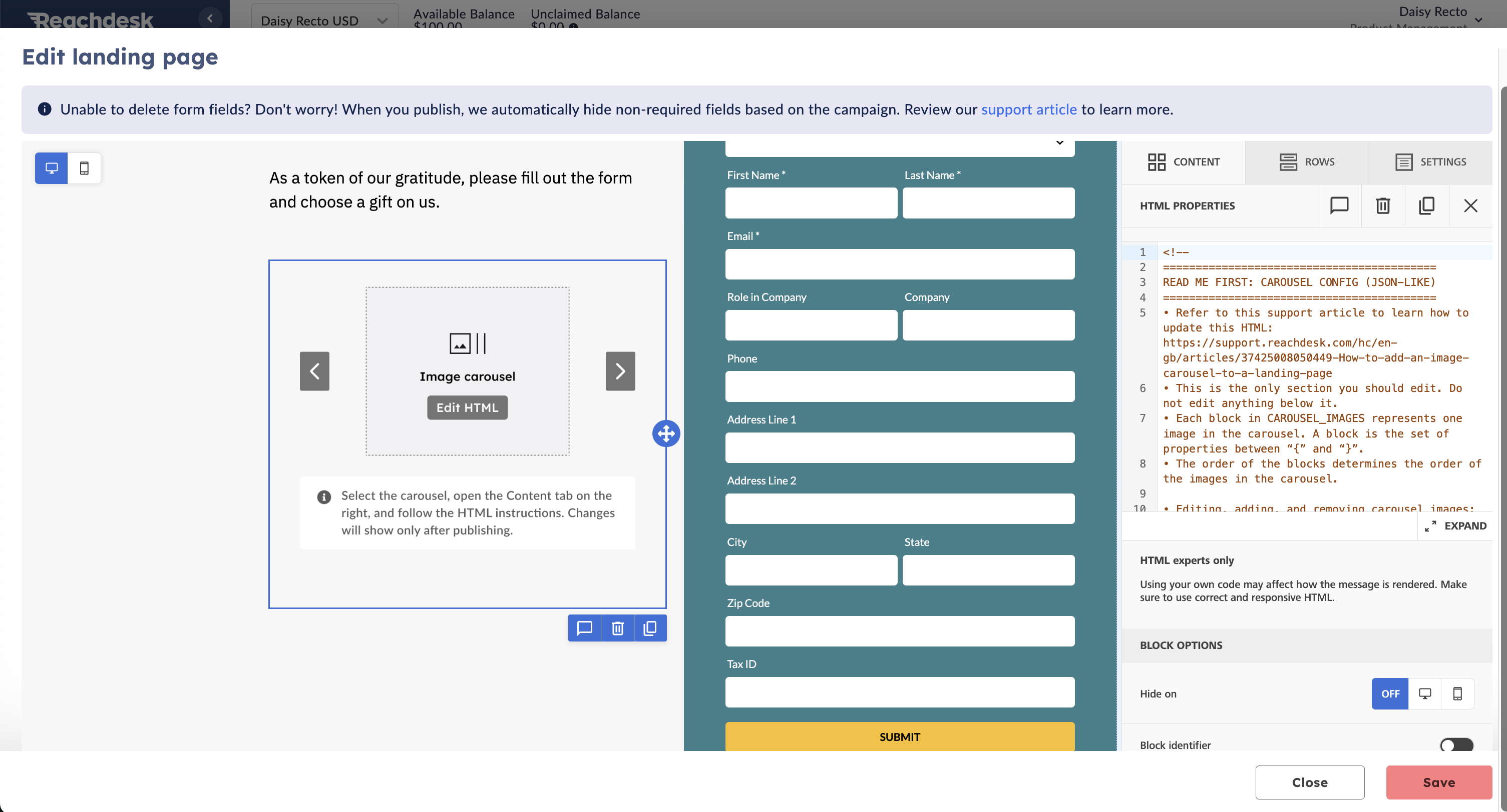 How to add an image carousel to a landing page – Reachdesk Knowledge base